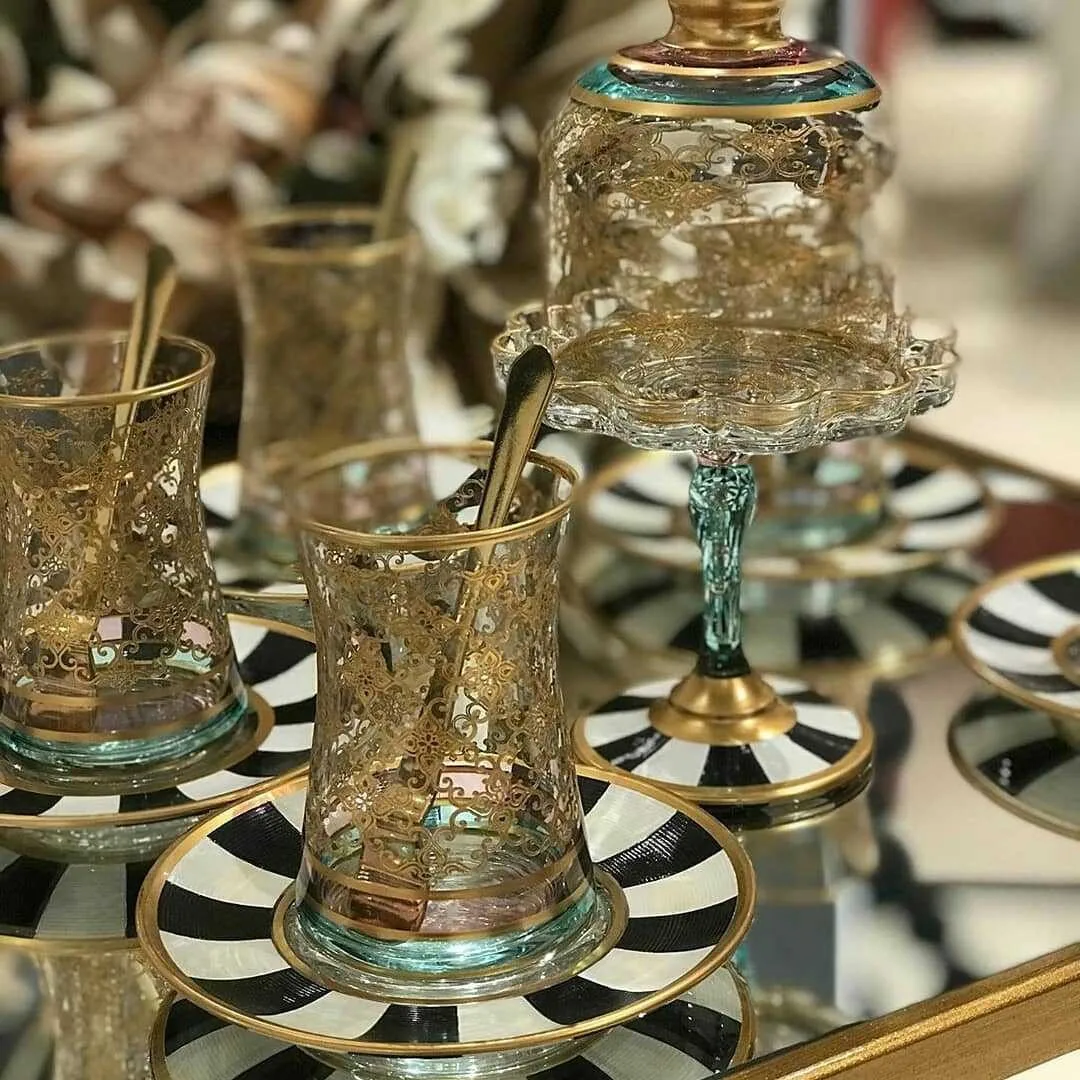Arabic Glass Tea And Coffee Set Coated Golden Turkish Tea Cups For 6 ...