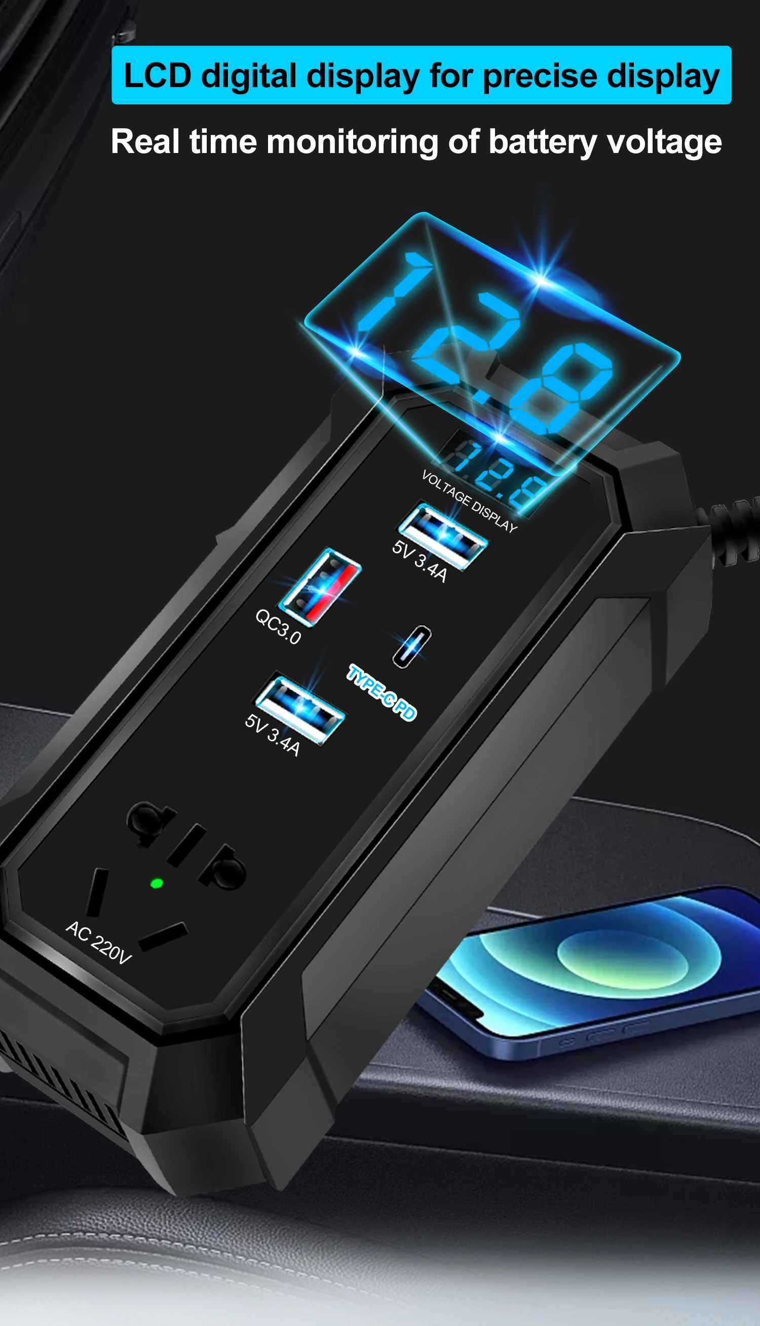 200w Car Ac Power Inverter Dc 12v To 220v For Vehicles Converter Usb-c ...