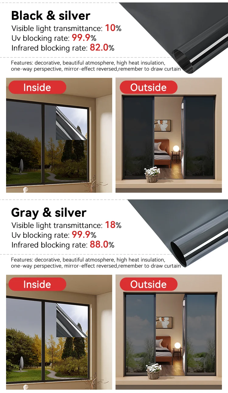 1.52X30M Self Adhesive One Way Vision Black Silver Window Tinting ...
