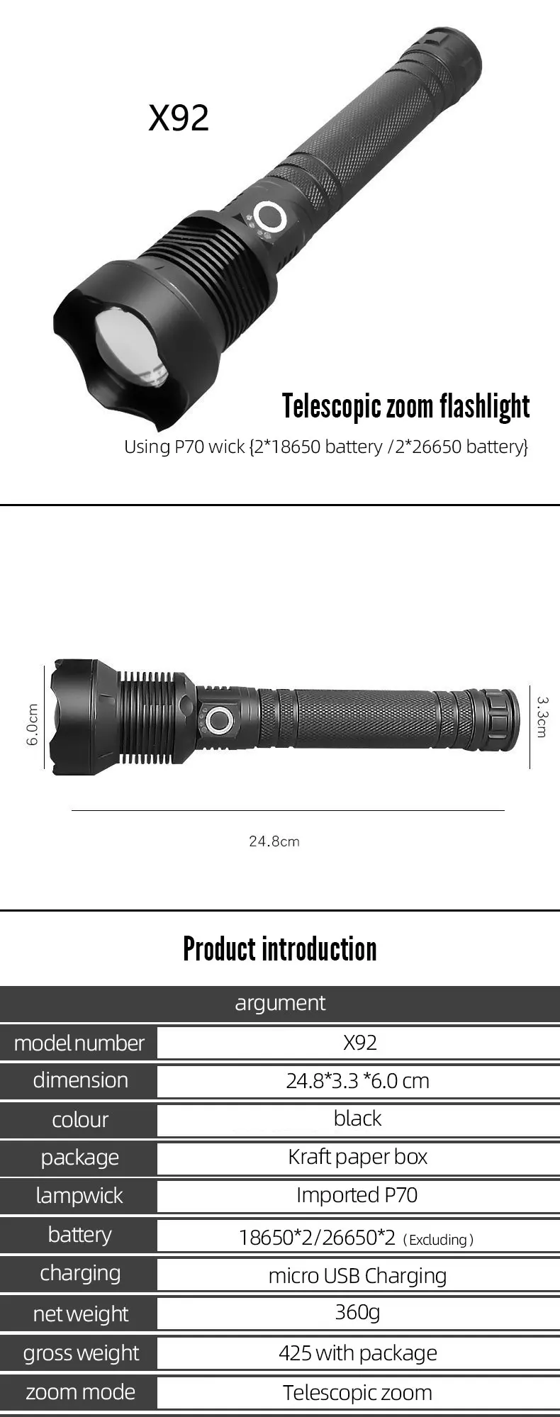 Powerful Aluminum Camping Handheld Torch - P90 LED Zoom