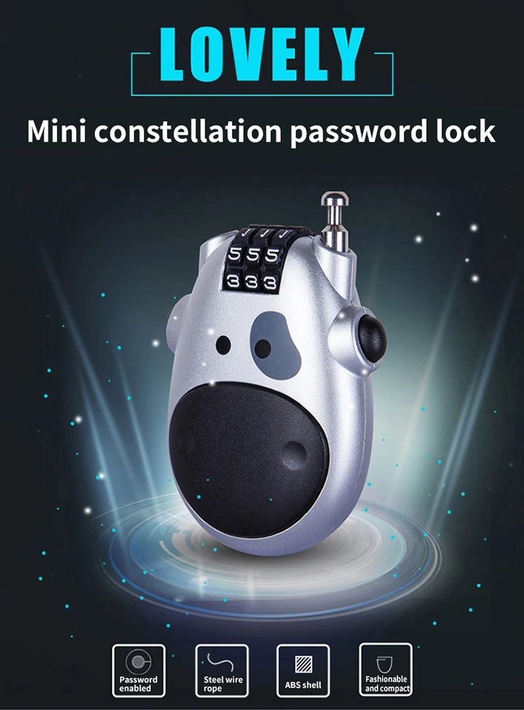 Cartoon Cow Password Padlock Telescopic Wire Rope Lock Mini Anti-theft ...