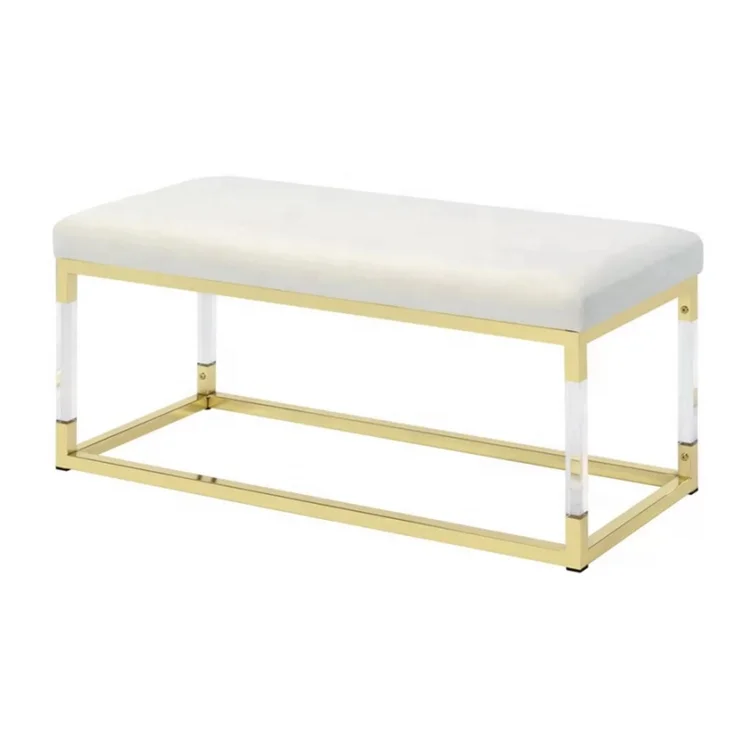 Modern Luxury White Upholstered Bench with Clear Acrylic Legs and Metal ...