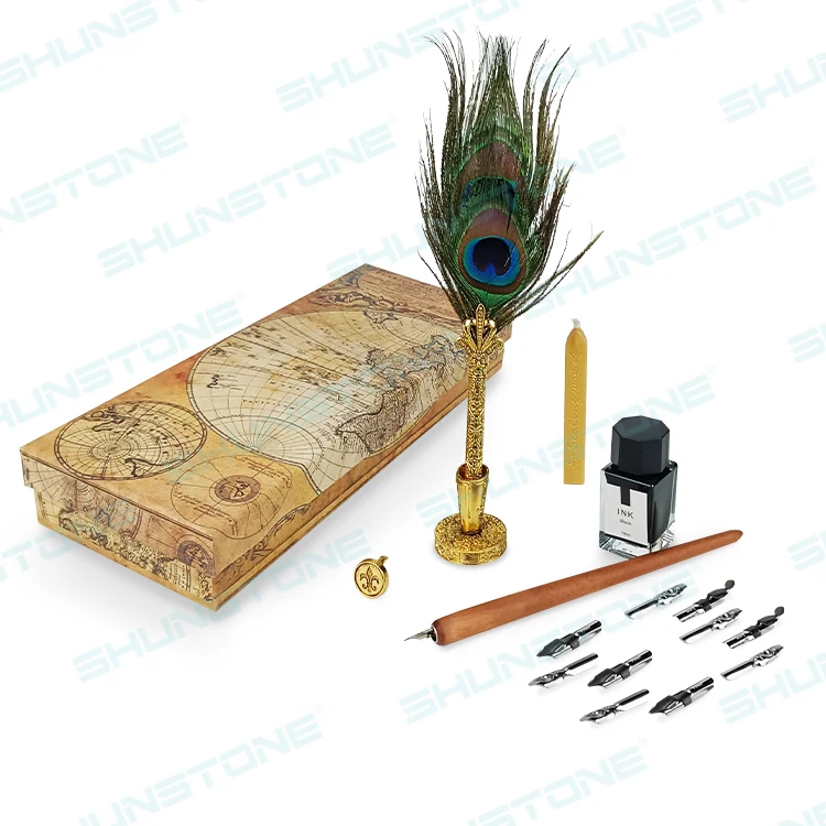 Beautiful Peacock Feather Dip Pen Ink Set Sealing Wax Set With Gift Box ...