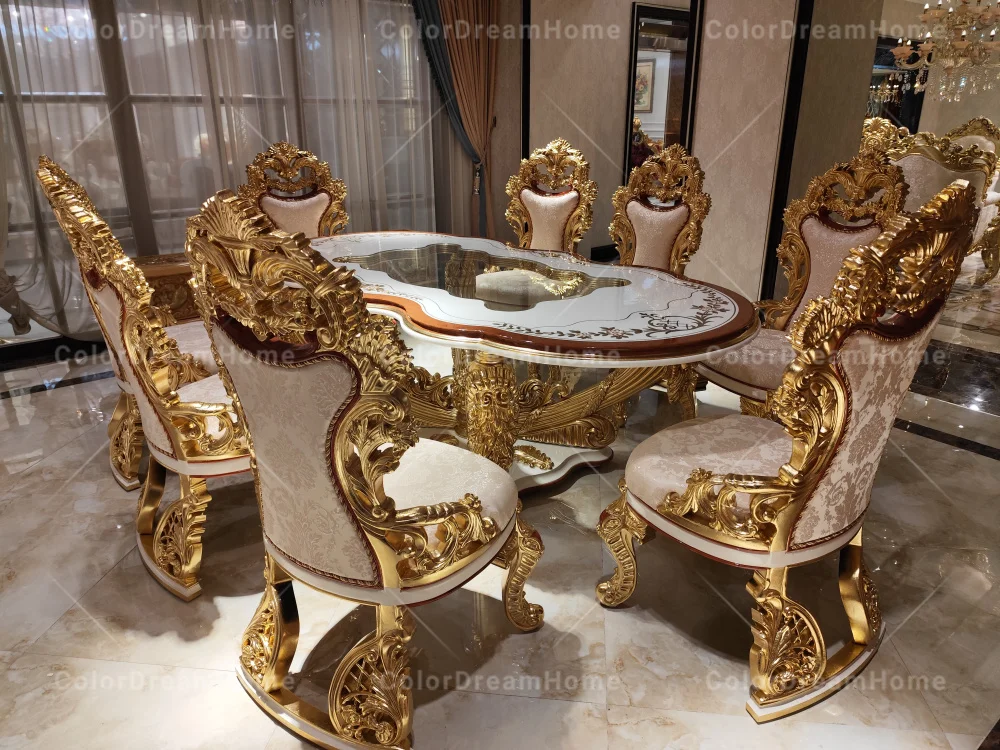 Royal Style Baroque Dining Table Set Hand Carved Solid Wood Glass Top ...