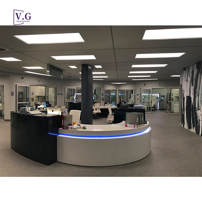 Custom Modern Hospital Reception Desk With Display Black Solid Surface ...