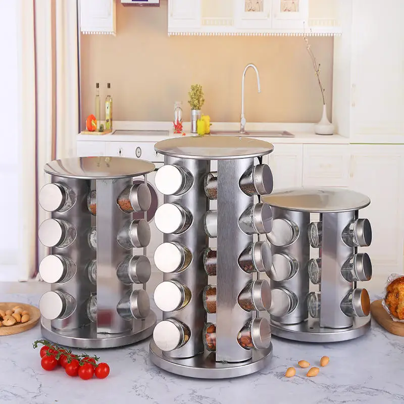 360 Rotating Kitchen Spice Jar Carousel Spice Rack with Glass Jars Set ...