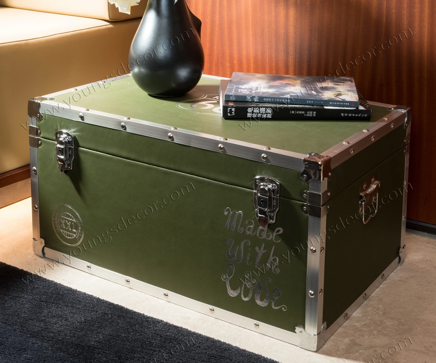 Wood Rectangle Storage Trunk Box Set With Aluminum Rims Pressed Logo Pu ...