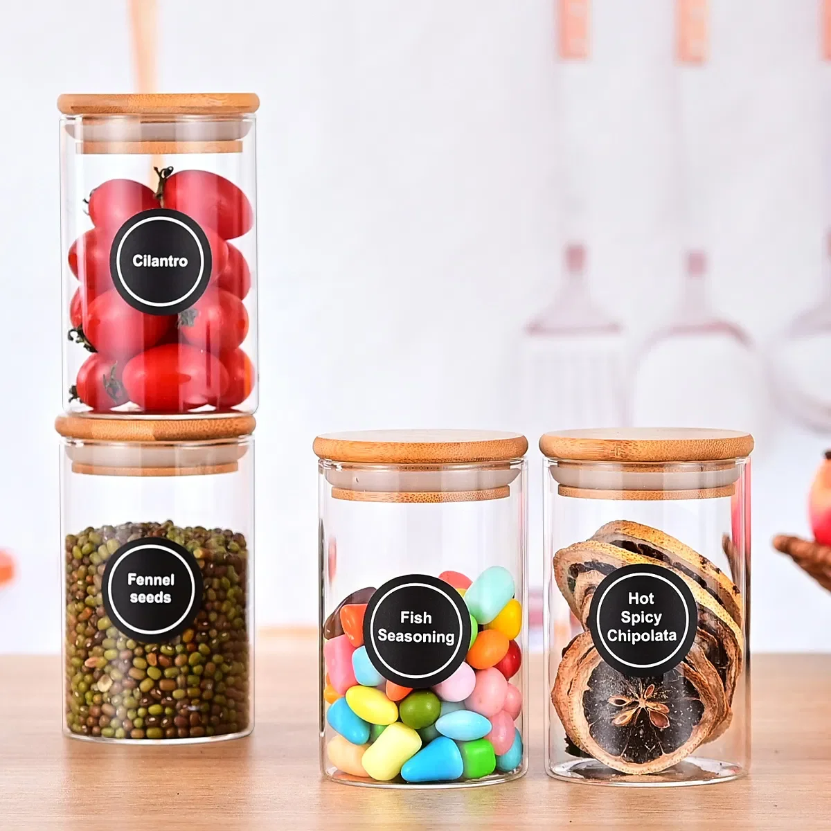 LUMINA 12 Pcs Round Spice Jars with Bamboo Lids and Stickers Glass ...