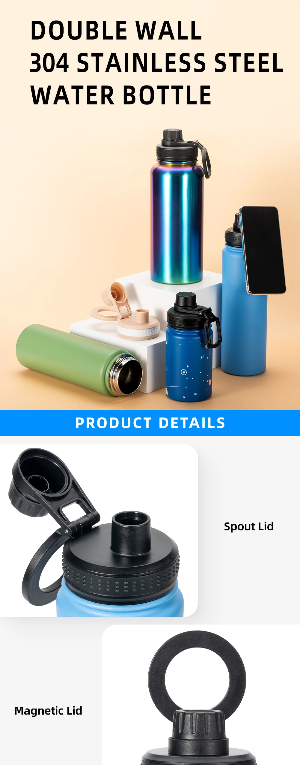 32 oz Magnetic Lid Stainless Steel Flask Double Wall Vacuum Insulated ...