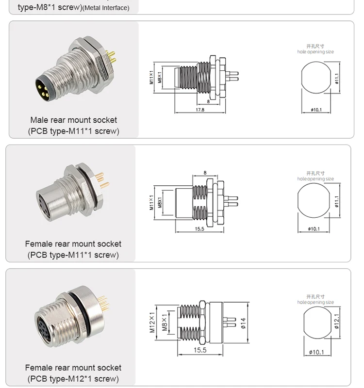 M8 Series Connector Socket Front/Back Mounted Male Female Metal Socket ...
