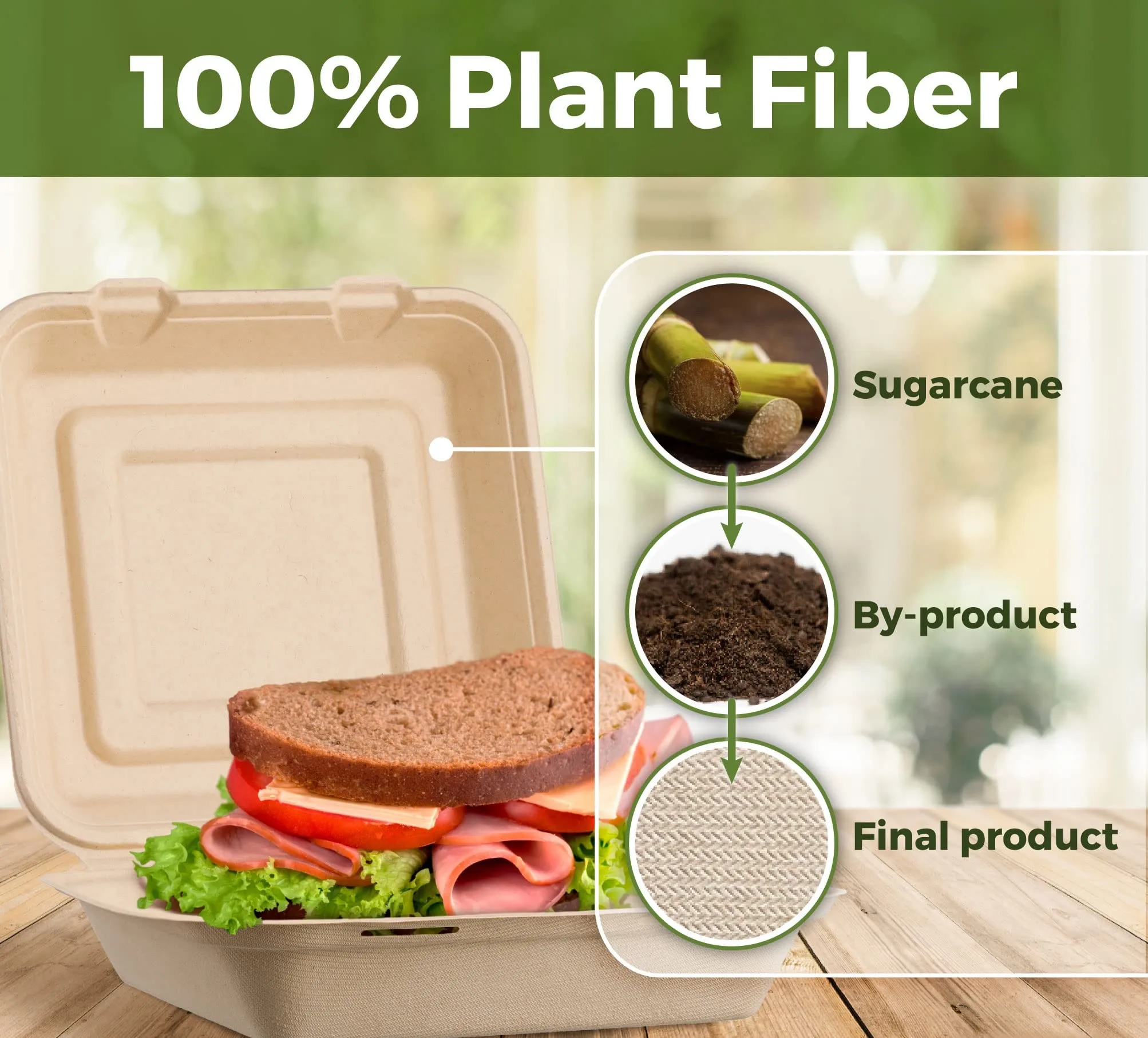 6 Inch Compostable Clamshell Hinged Container Nature Bagasse Fiber ...