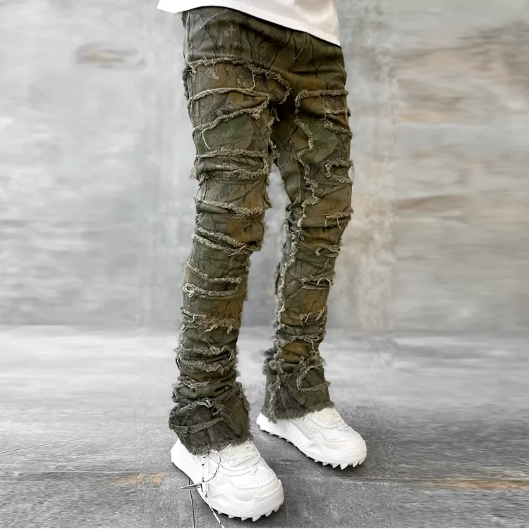 Hot Sale Streetwear Men Stacked Jeans Dark Forest Camo Tree Print ...