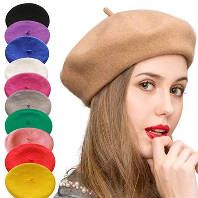 Women Wool Berets French Artist Style Warm Winter Beanie Hat Retro Plain Beret Solid Color ...