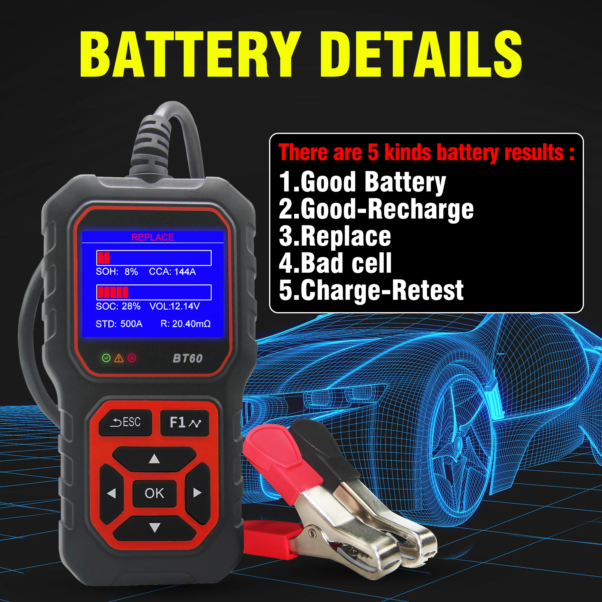 Acclope BT60 6V 12V 24V Car Battery Tester - Digital CCA & SOH Analyzer ...