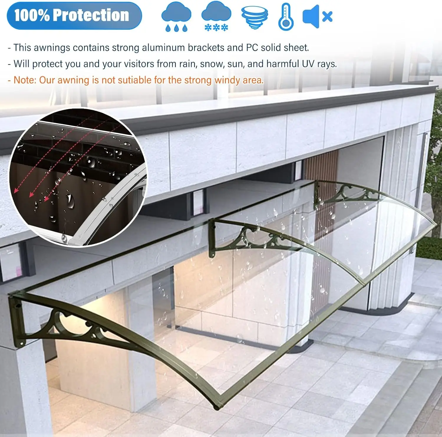 Door Overhang Awning with Gutter, Window Canopy Shade Rain Shelter with ...