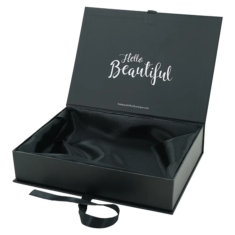 Luxury Black Satin Lined Hair Packaging Boxes Custom Logo Bundle Wig ...