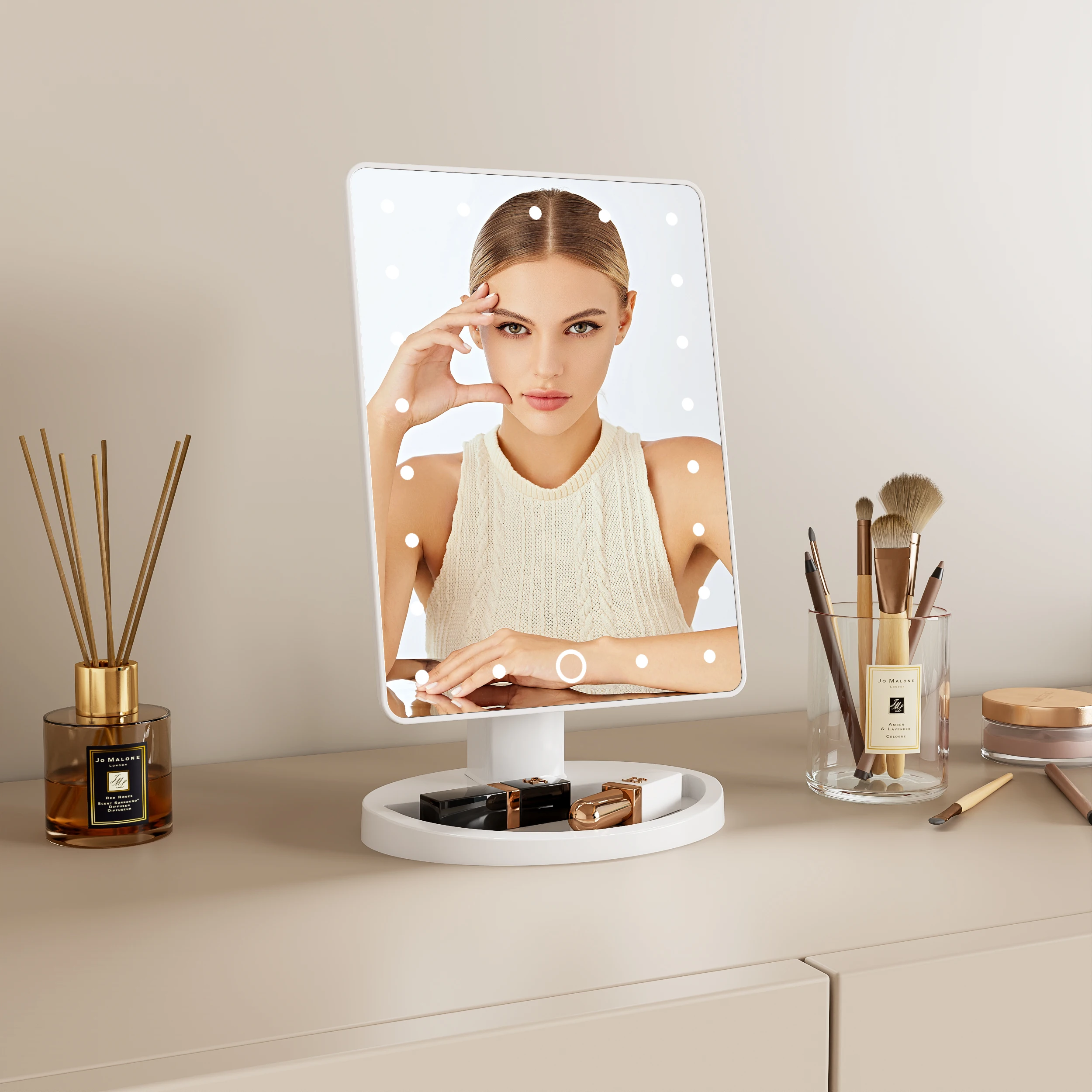 Dual Power Supply Touch Sensor Desk 21 LED Lighted Mirror Cosmetic ...