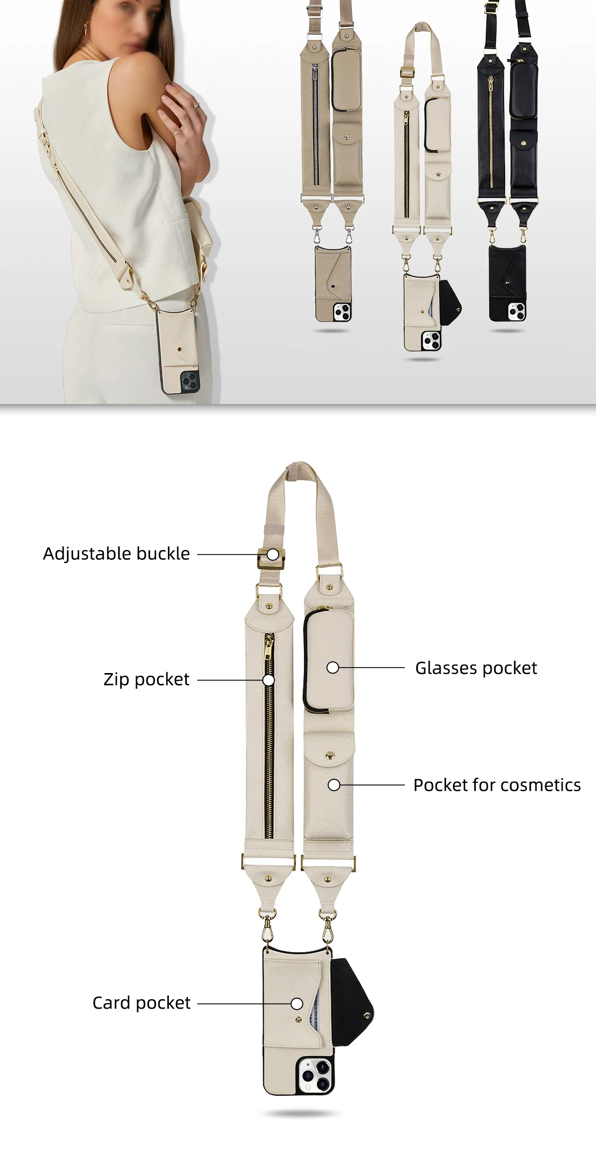 Multifunctional Cross Body Leather Phone Case With Strap For Iphone 14 ...