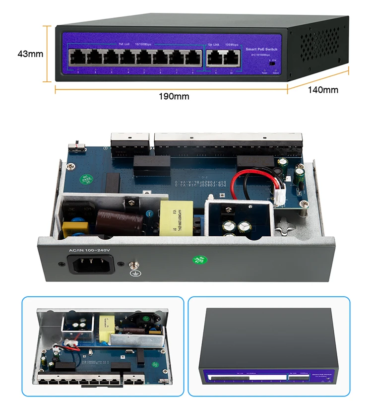 8 Port Network Poe Switch For Ip Nvr System With 10/100mbps Ethernet ...