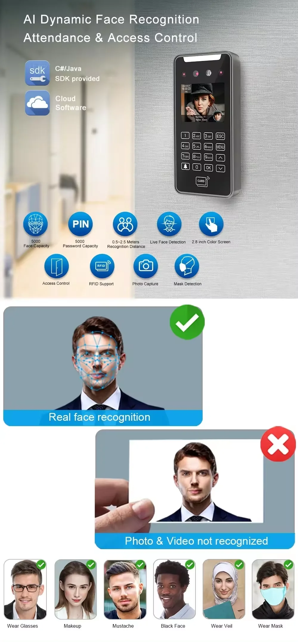 AI20 Dynamic Face Recognition RFID Password Access Control