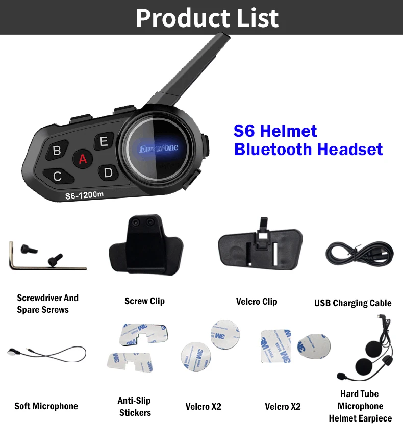 Motorcycle Bluetooth Intercom 1200m Helmet Intercom, 6 Riders Universal ...