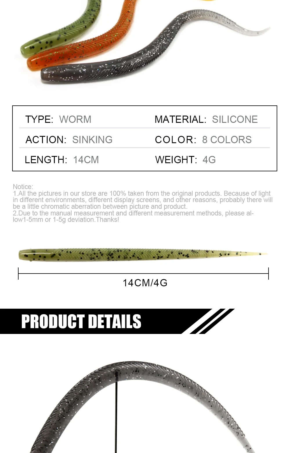 Spinpoler Fishing Soft Worm Lures PVC 14cm/4g Earthworm Artificial Bait ...