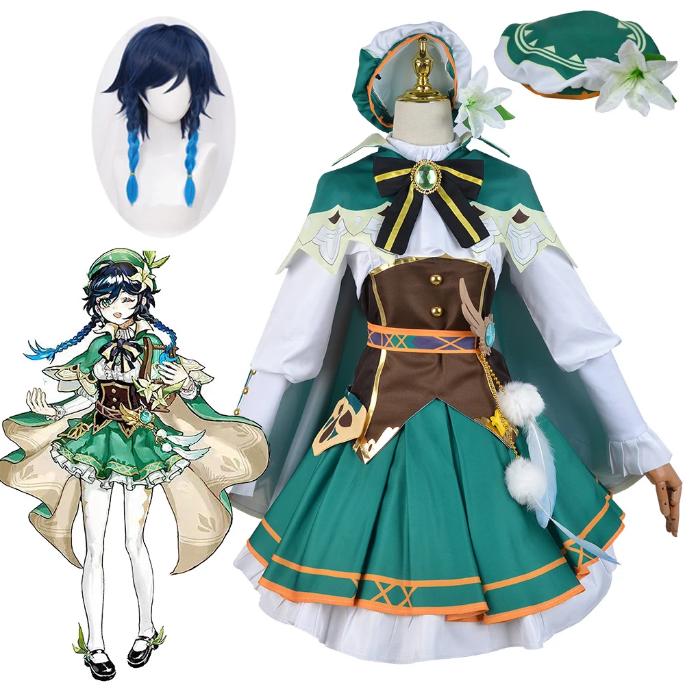 Hot Anime Genshin Impact Venti Barbatos Cosplay Costume Uniform Wig ...