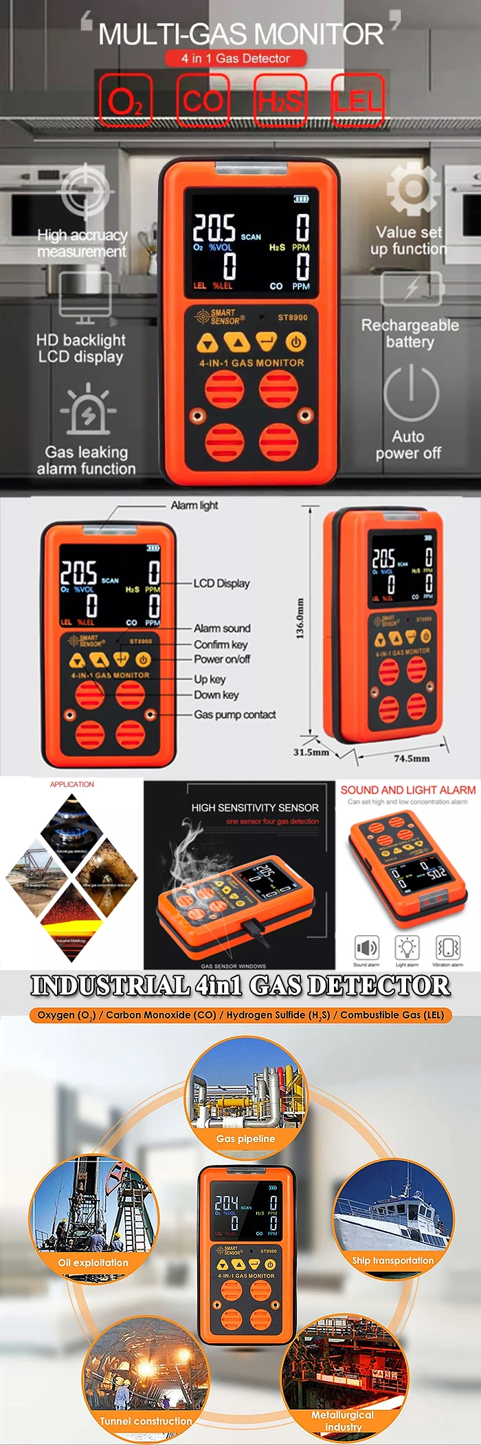 St8900 Digital Gas Detector Portable 4 In1 Multi Gas Monitor O2 H2s Co ...
