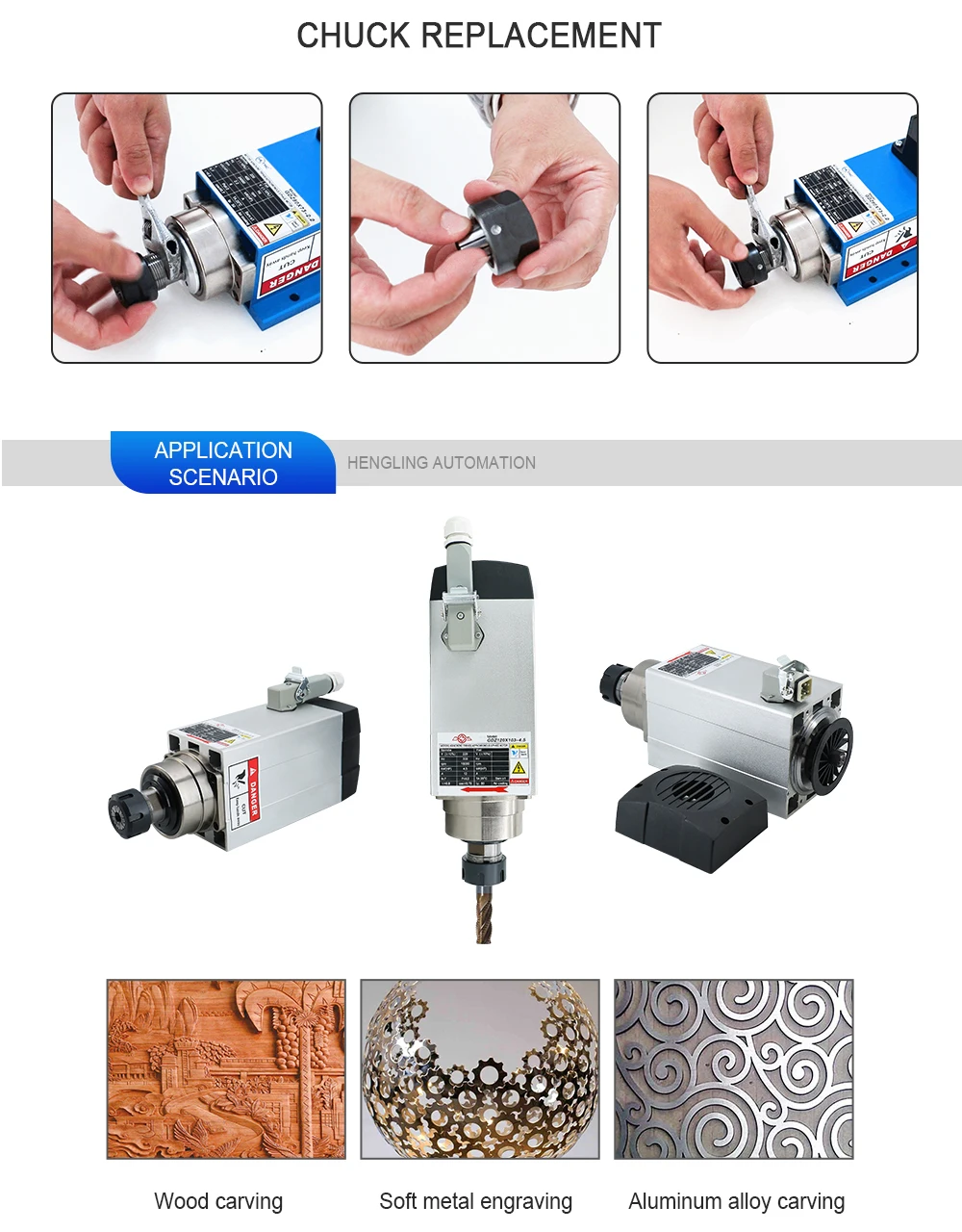 300Hz 18000RPM mm ER32 220V 12A Pottory Ball Air Cooled Spindle 4.5KW ...