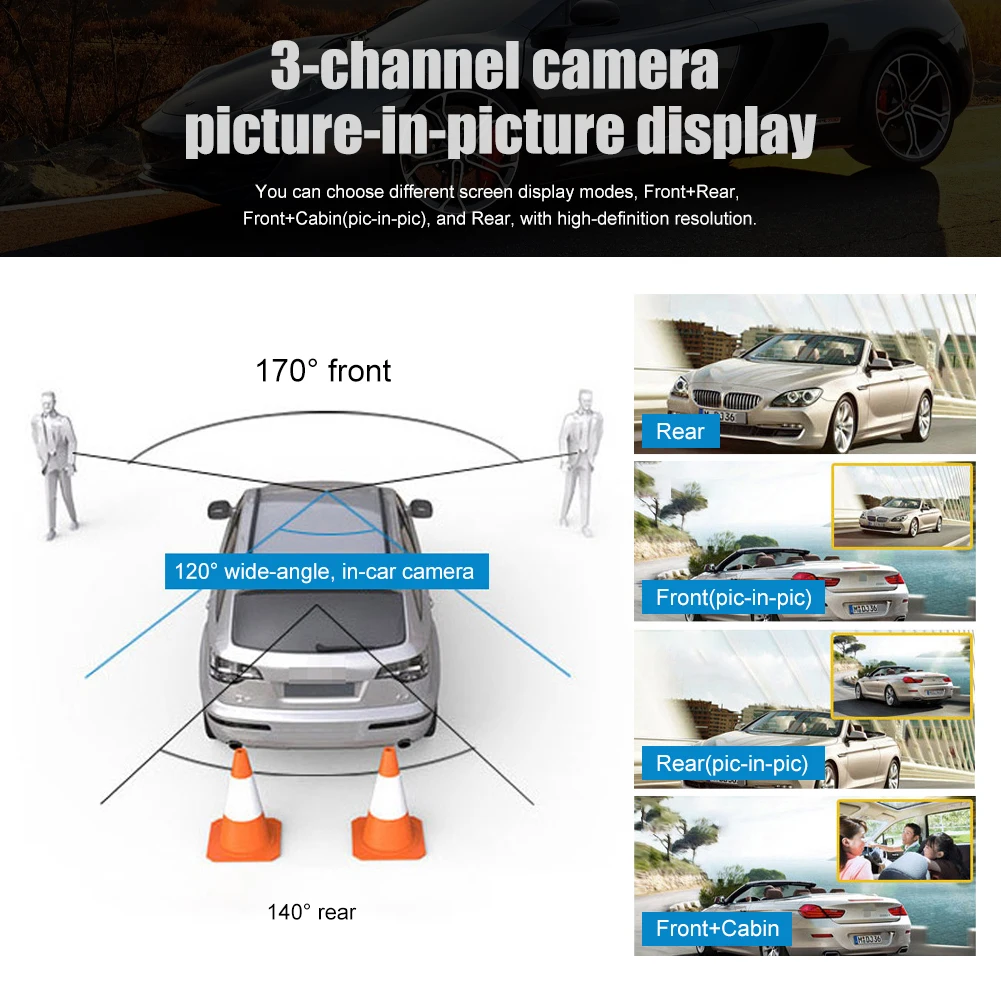 3 Lens Dash Cam 4 Inch Touch Screen With Rear Car Camera Recorder Night Vision Loop Recording G ...