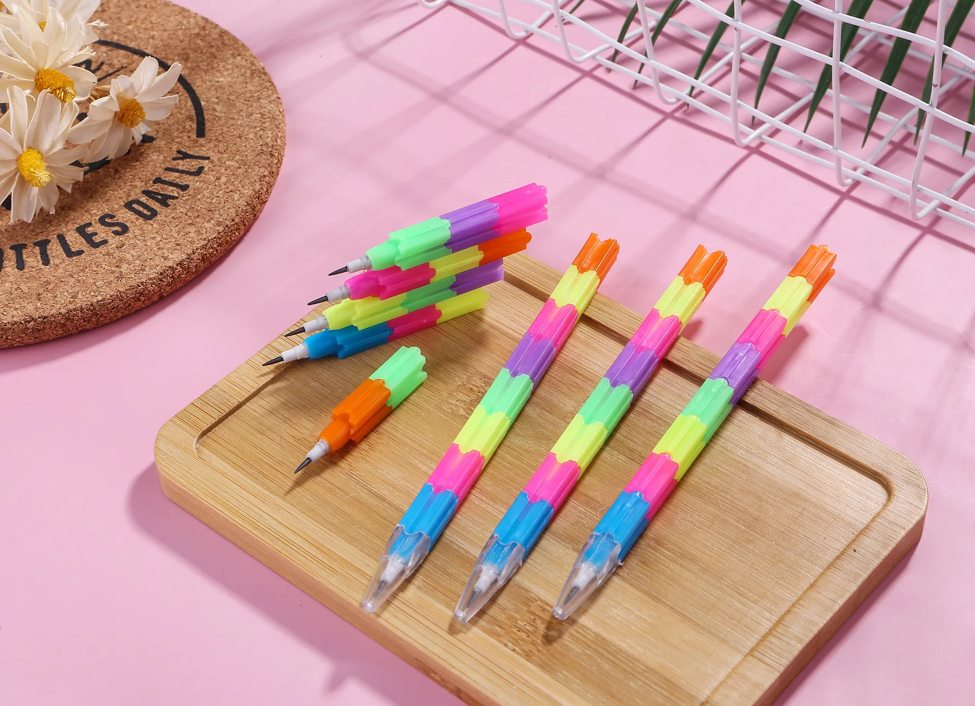 8 Colors Stackable Pencil Rainbow Plastic Kids Stacking Point Pencils ...