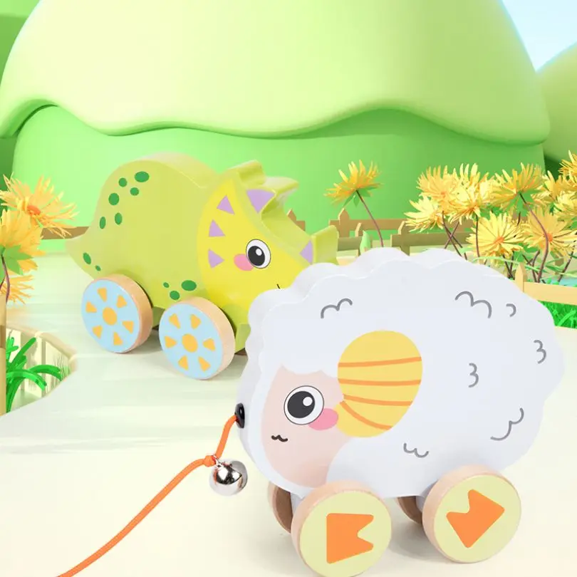 Wooden Cartoon Animals Baby Learning Walk Children Drag Car Early ...