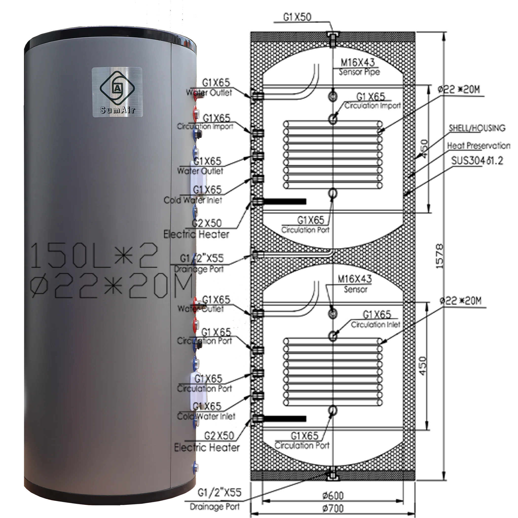 300l Sus304 Sus316l 150l Heat Exchanger Coils Solar Thermal Room ...