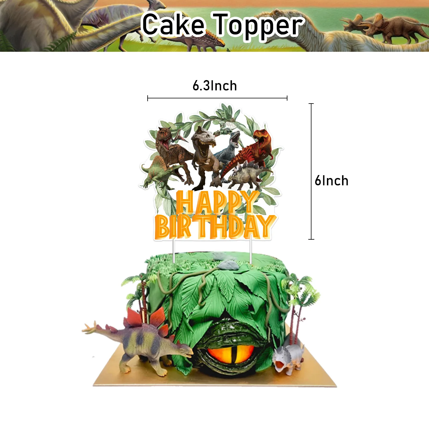 Lemon Dinosaur Theme Cartoon Happy Birthday Banner Cupcake Toppers ...