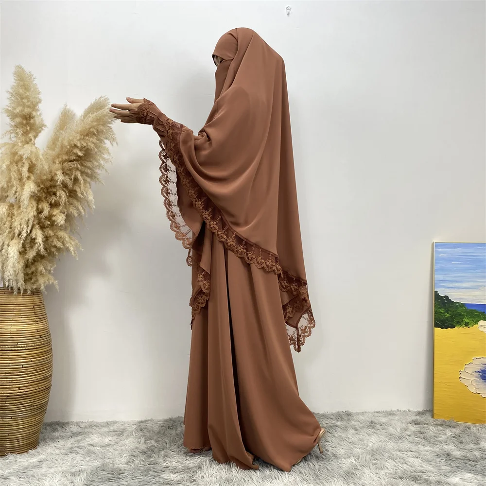 2306# Eid Simple but Luxurious Long Hijab Khimars With Premium Lace Ribbon for Muslim Women 6 ...