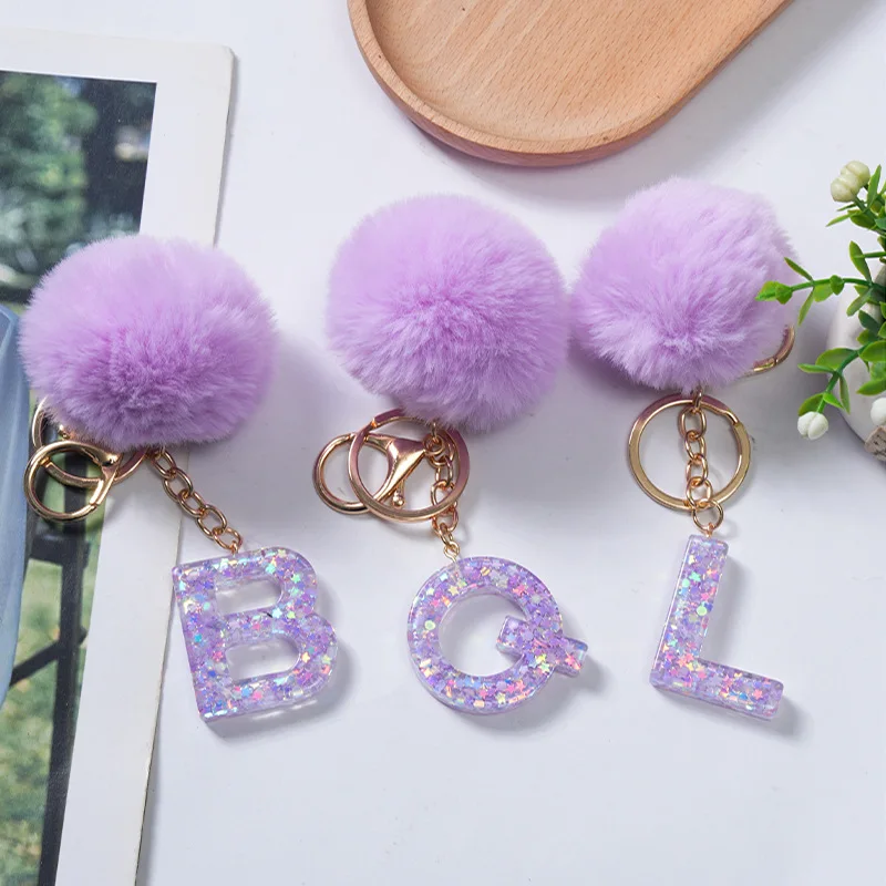 Soft Pom Pom Balls Keychain Fashion Letter Acrylic Keyrings Bag ...