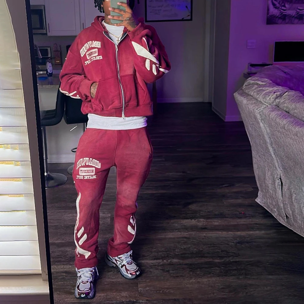 Custom Acid Washed Vintage Tracksuit Men Streetwear Distressed Patch ...