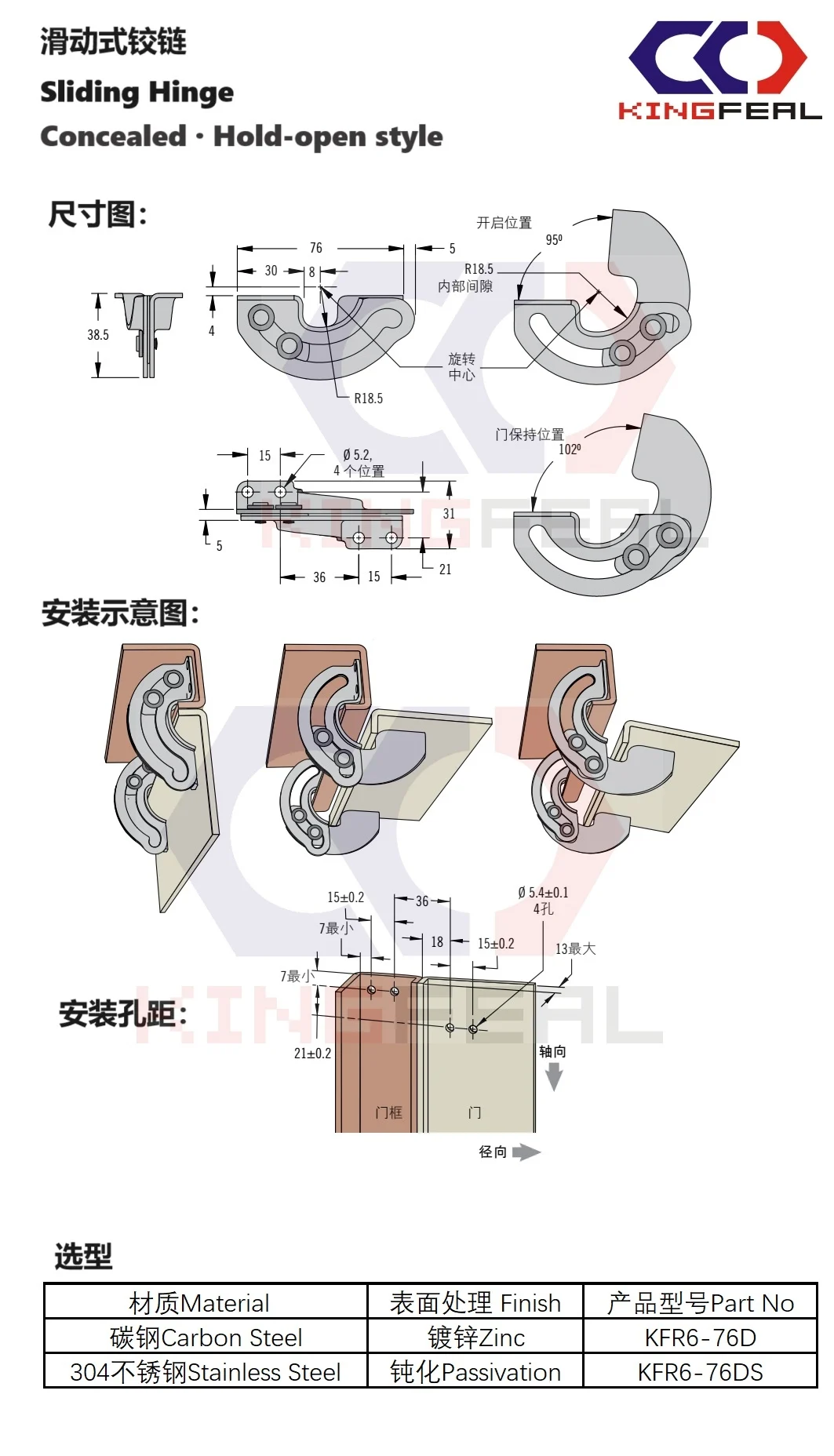 KINGFEAL Hidden Sliding Hinge - High Quality Stainless Steel