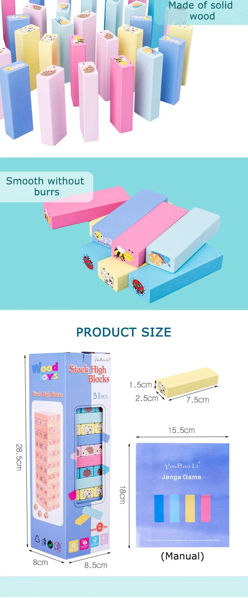 Classic Wooden Blocks Colorful Wooden Toys Tumbling Tower Animal Board ...