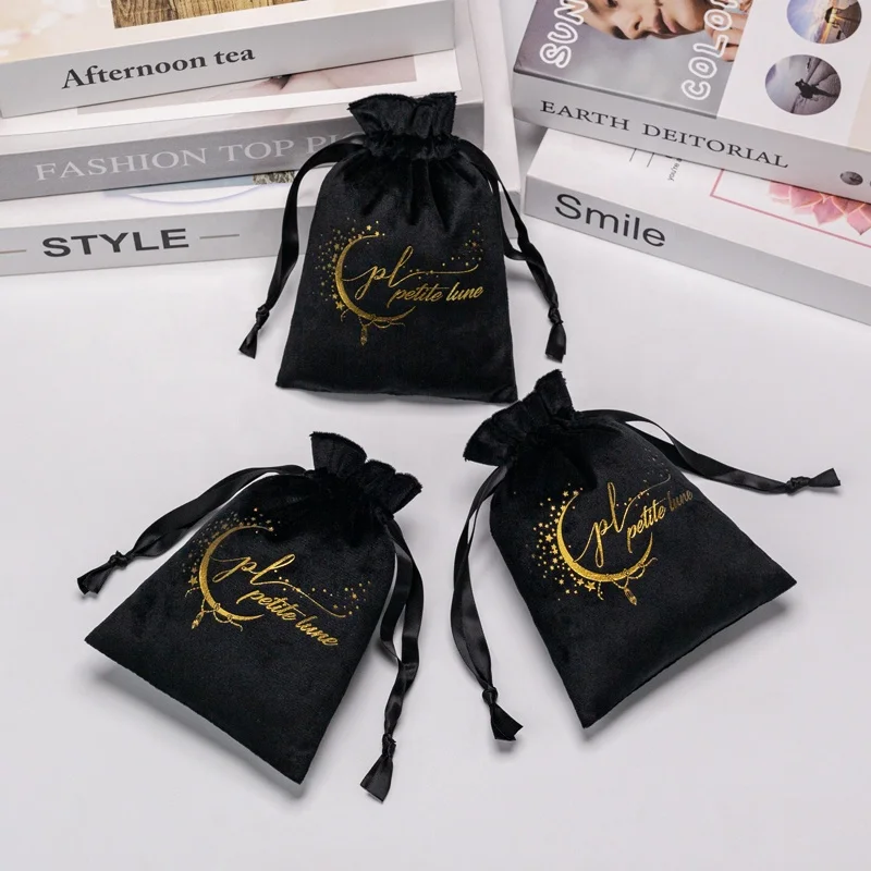 Luxury Super Soft Black Velvet Pouch For Jewelry Customized Drawstring ...
