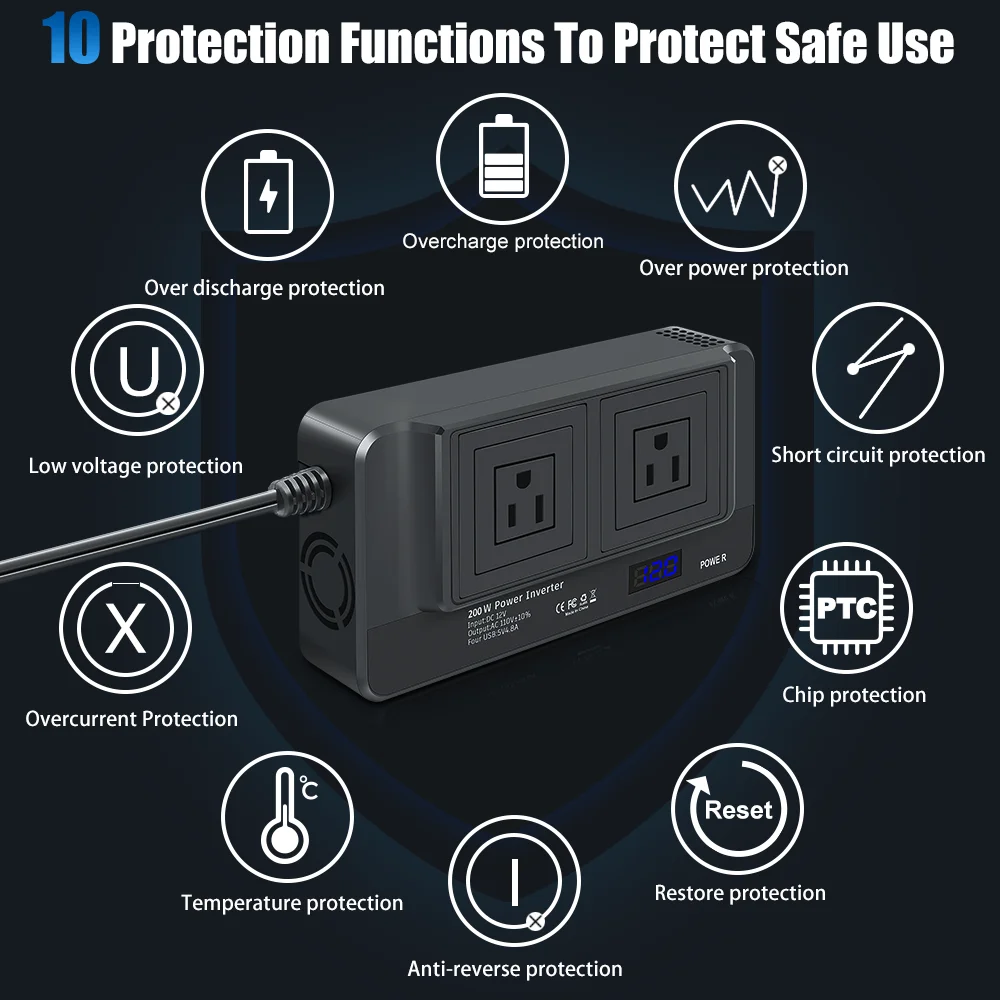 Universal Sockets 2 AC Outlet 4USB Ports Modified Sine Wave 200W Power ...
