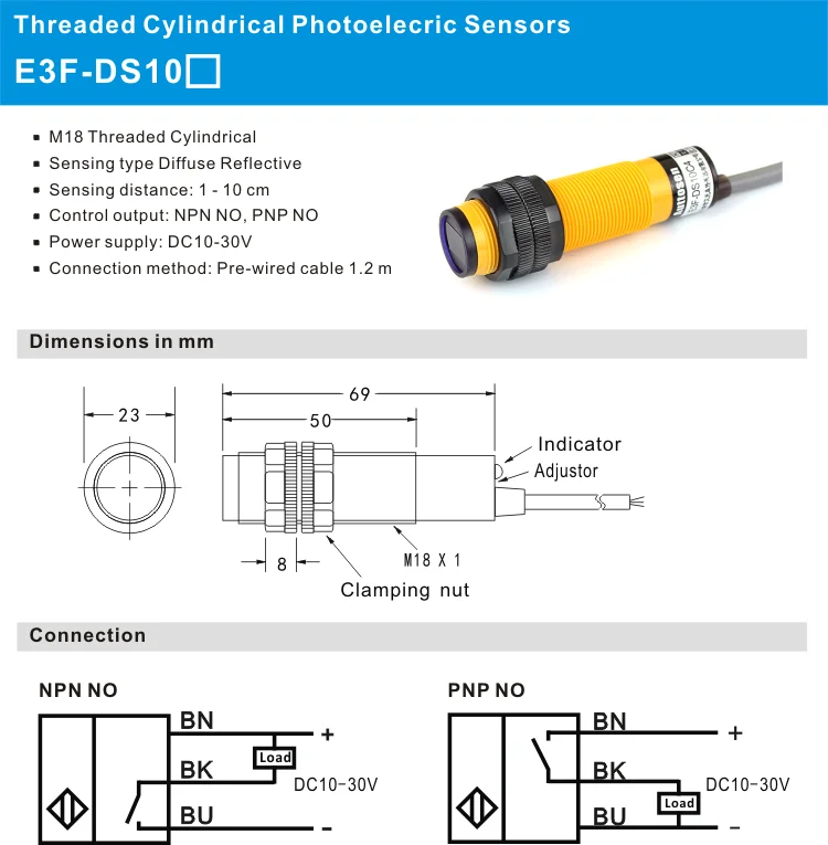 M18 Threaded Cylindrical Optical Switch Npn,Pnp Output Diffuse Reflective 100 Mm E3f-ds10c4 ...
