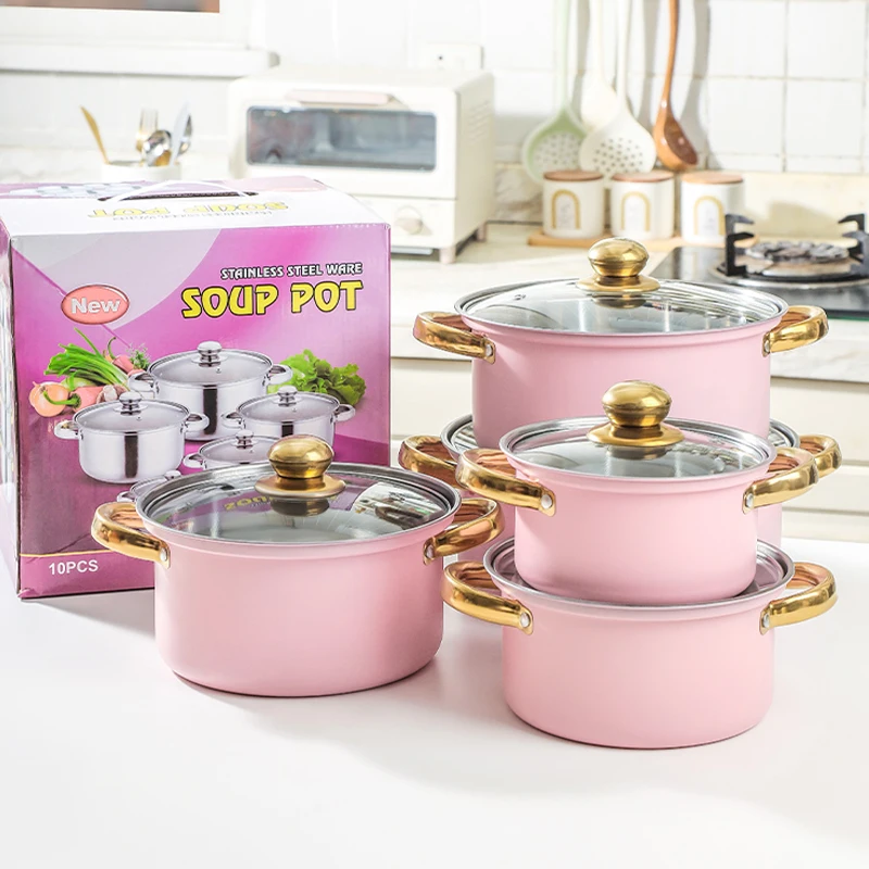 10pcs Pink Pots And Pan Cast Iron Casserole Cooking Pots Set Kitchen Utensils Stainless Steel Pots Non Stick Cookware Sets