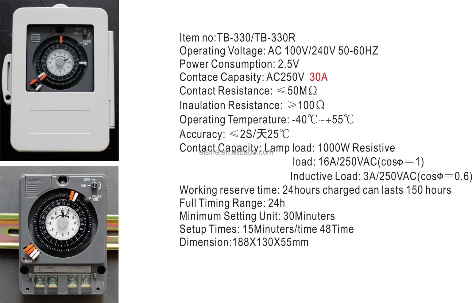 Waterproof 30A Heavy Current 24 Hour Mechanical Timer Switch TB330-RP