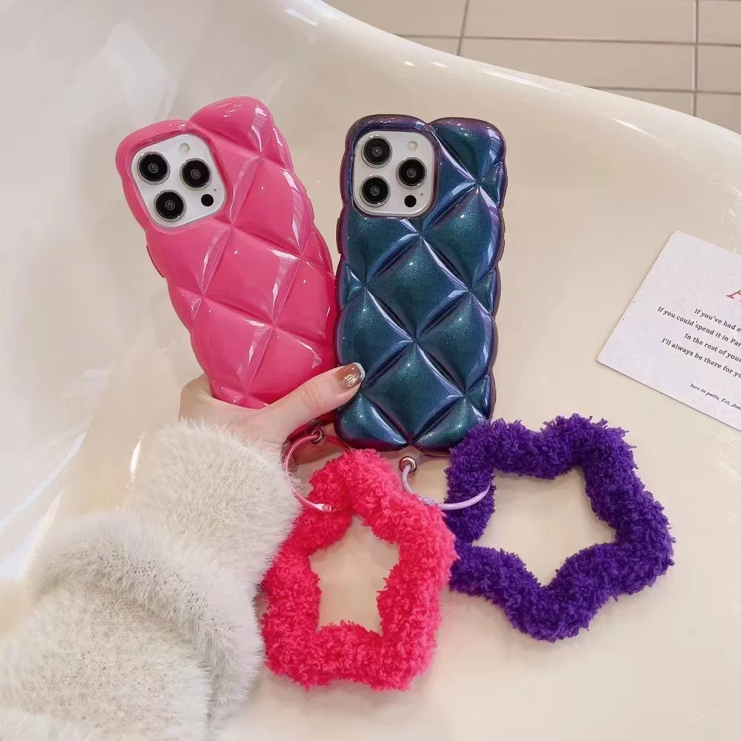 Ins Style Stereoscopic Blue Purple Diamond Grid With Plush Chain Phone ...
