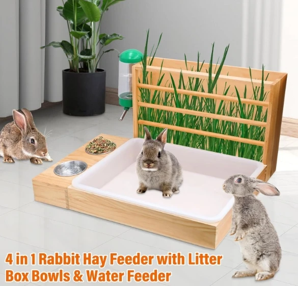 Rabbit Hay Feeder with Litter Box and Bowls 4 in 1 Wooden Feeder Toilet ...