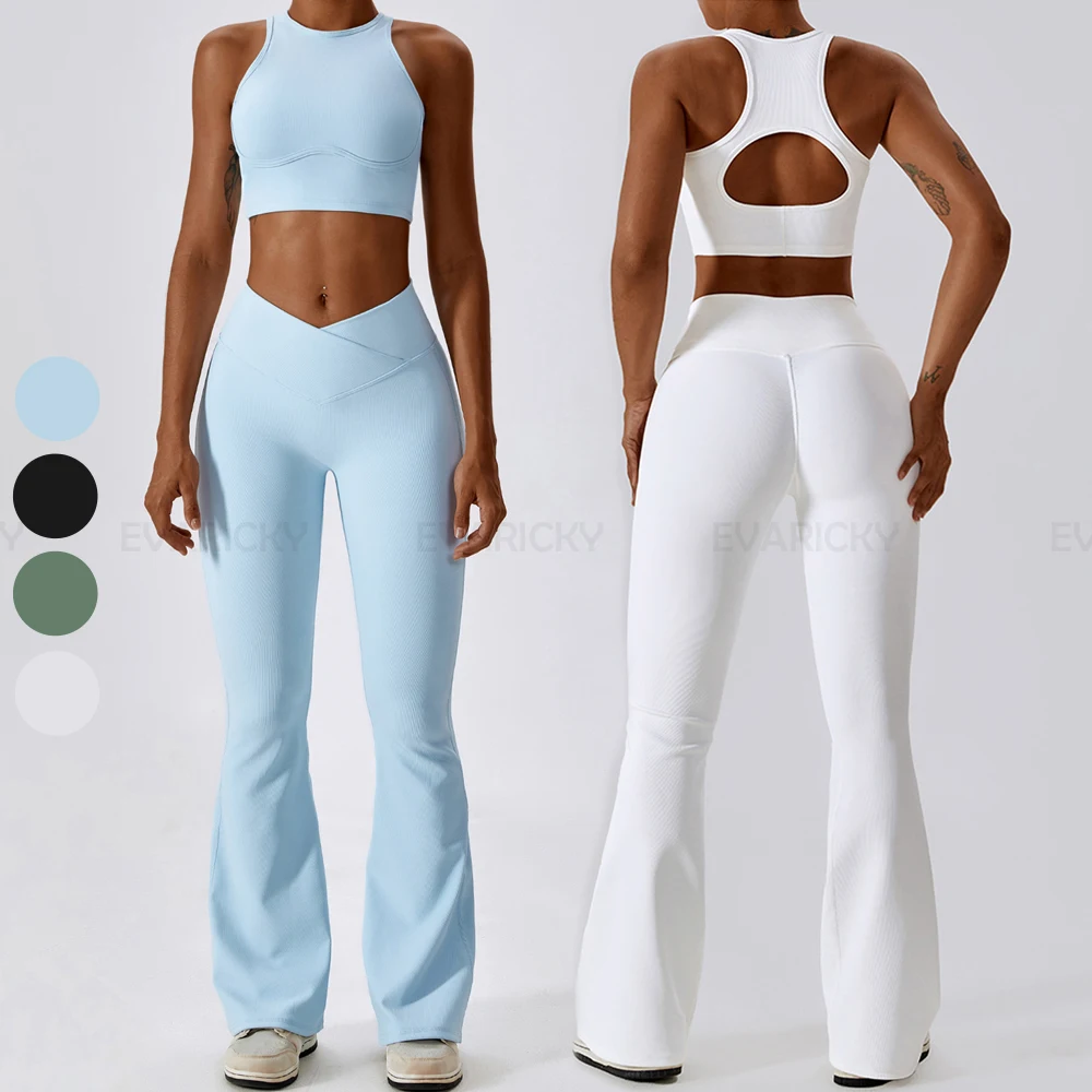 Custom Logo Women Hollow Back Sport Wear Gym Fitness Workout Yoga Crop Top V Cut Flared Wide Leg ...