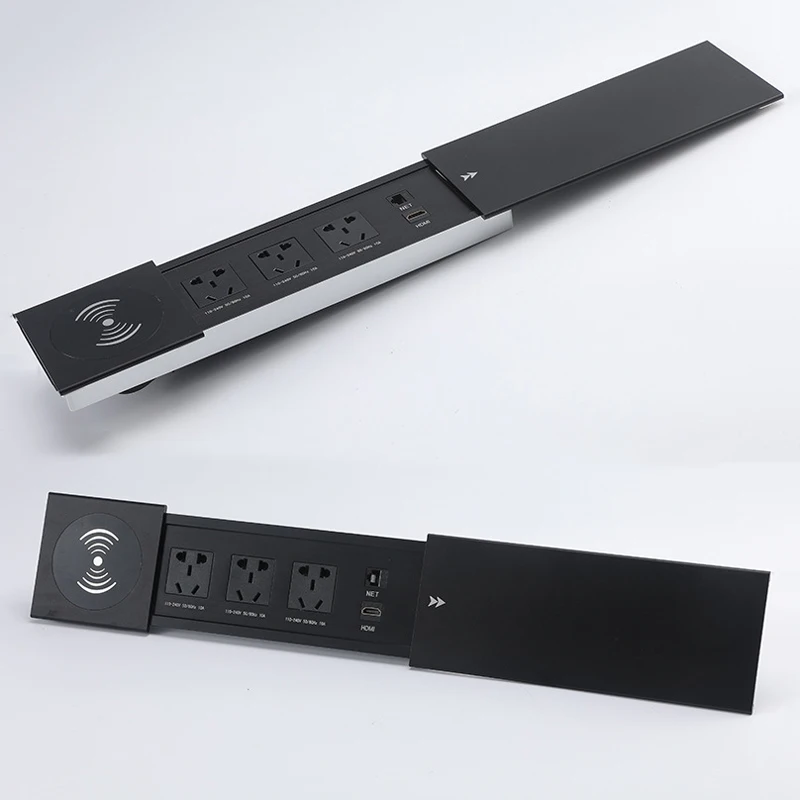 Customized Tabletop Hide Embedded Sliding Open Lid Power Grommets Multimedia Socket Box with ...