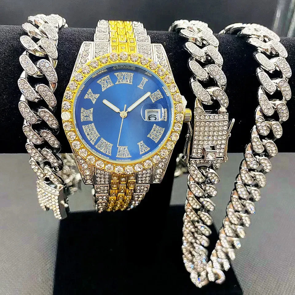 Full Iced Out Watches Men Wrist Luxury Watch Set Bling