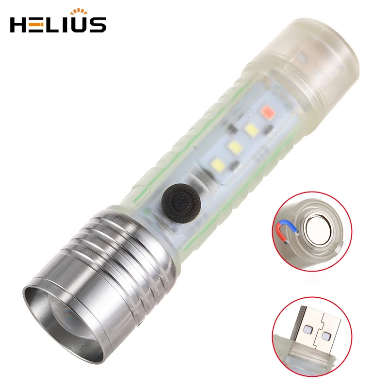 Helius New Mini P50+3*SMD Mini Strong Light with COB Portable Telescopic Zoom Plastic USB Direct ...